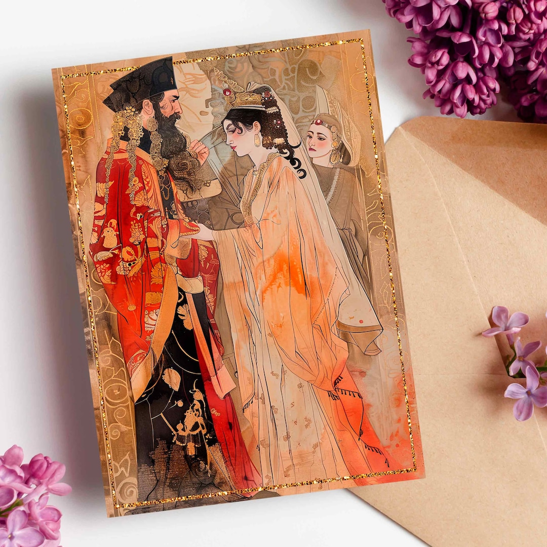 Happy Purim Card Featuring Queen Esther and Mordechai, Colourful Jewish ...