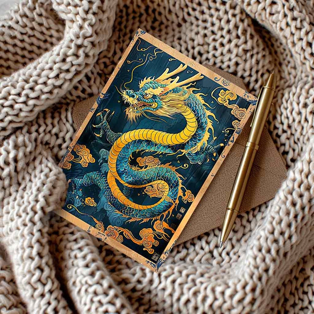 Blue Gold Dragon Card Gift, Year of the Blue Dragon Stationary, Lunar ...