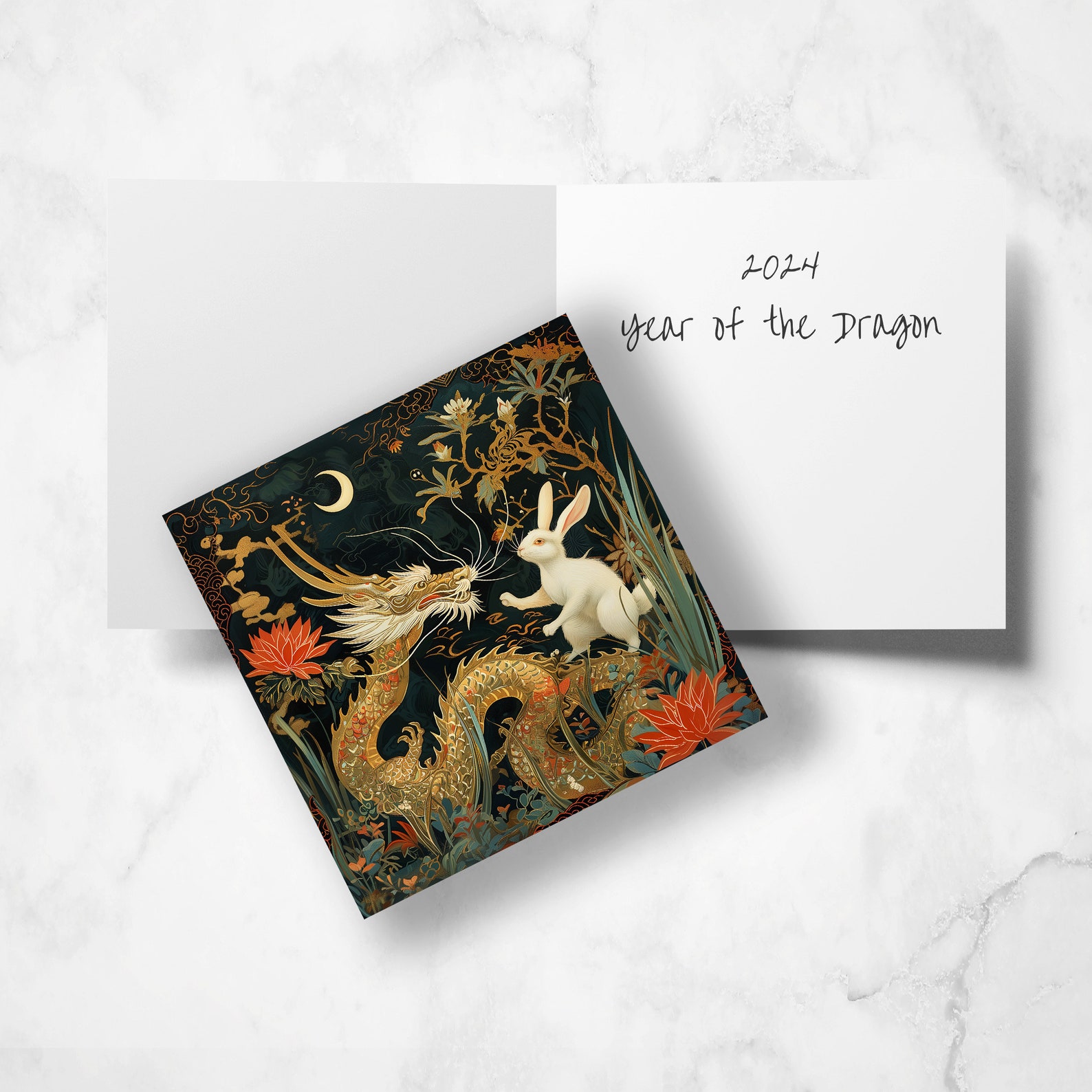 Gold Dragon Chasing Away White Rabbit Birthday Card for Dragon Lovers ...