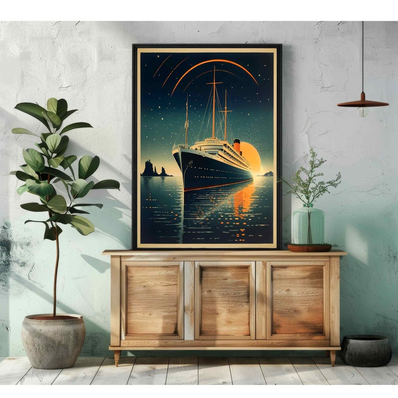 Art Deco Ocean Liner Travel Poster Powder Room Wall Art, Ship Vintage ...