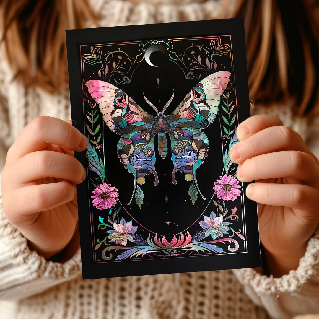 Spiritual Butterfly Moth Card Art Nouveau Blank Card, Goth Goblincore ...