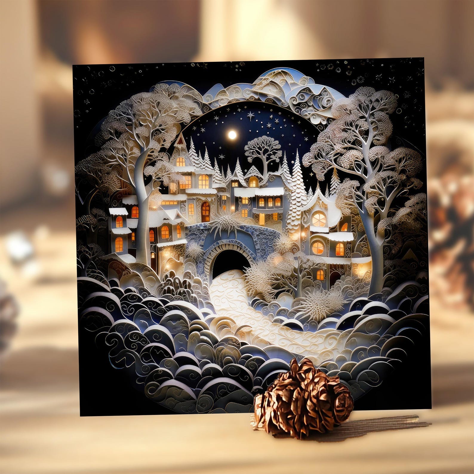 Magical Village in Snow Greeting Personalised Card, Whimsical Winter ...