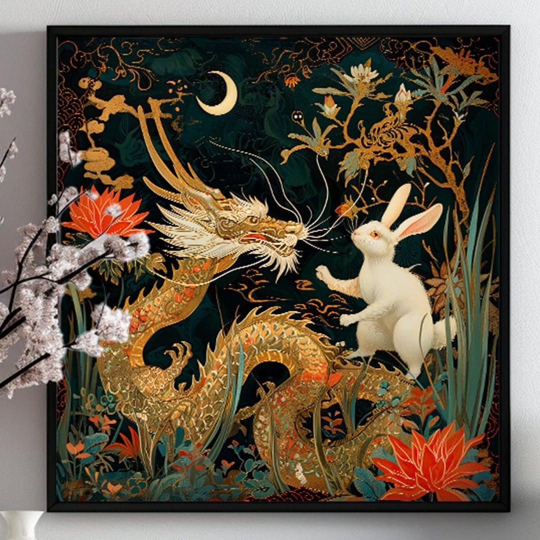 Gold Dragon Chasing Away White Rabbit Wall Art, Dragon Decor , Dragon ...
