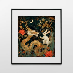 Gold Dragon Chasing Away White Rabbit Wall Art, Dragon Decor , Dragon ...