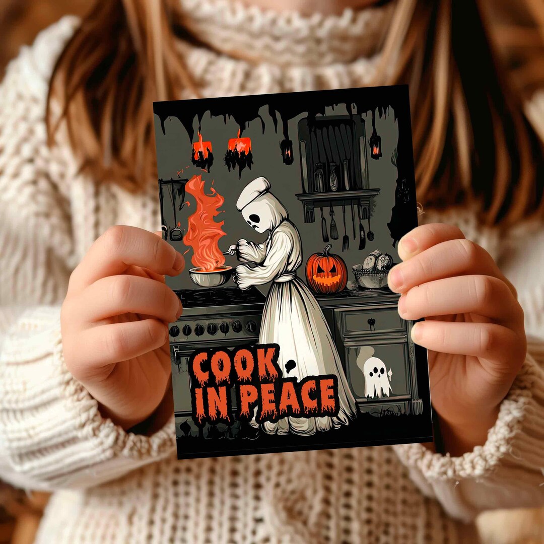 Cook in Peace Illustrated Spooky Personalised Ghost Chef Greeting Card ...