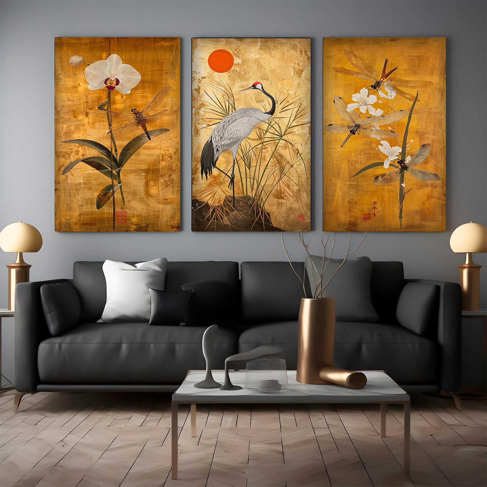 Oriental Japanese-style Gold Painting, Crimson and Bronze Orchid Print ...