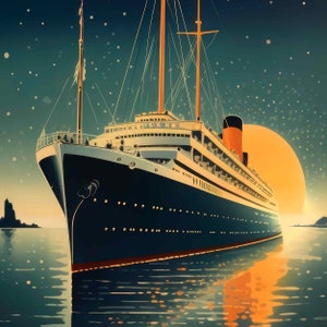 Art Deco Ocean Liner Travel Poster Powder Room Wall Art, Ship Vintage ...