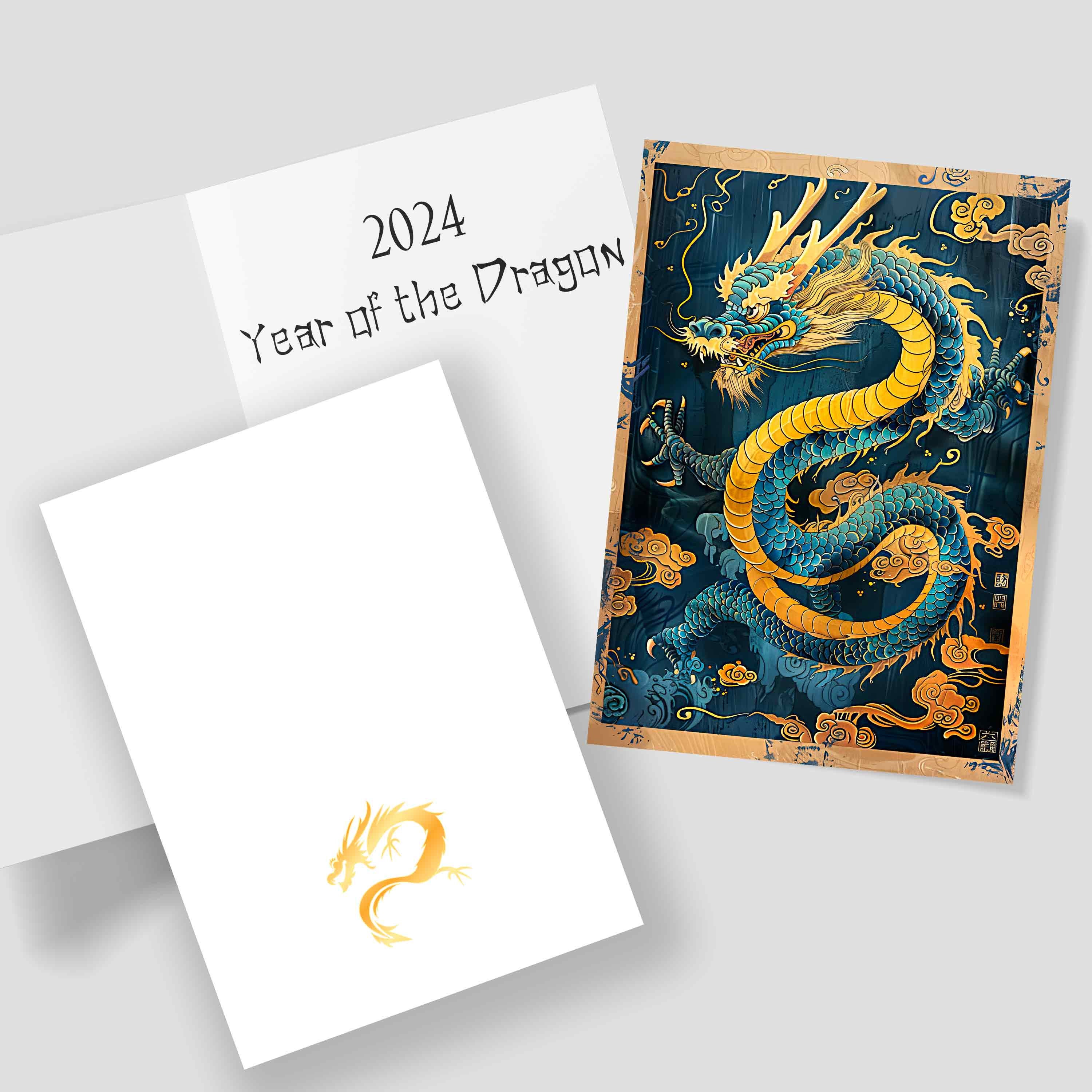Blue Gold Dragon Card Gift, Year of the Blue Dragon Stationary, Lunar ...