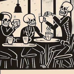 Gothic Vintage Poster 1950's Retro Coffee Print Skeletons Drinking ...
