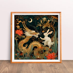 Gold Dragon Chasing Away White Rabbit Wall Art, Dragon Decor , Dragon ...