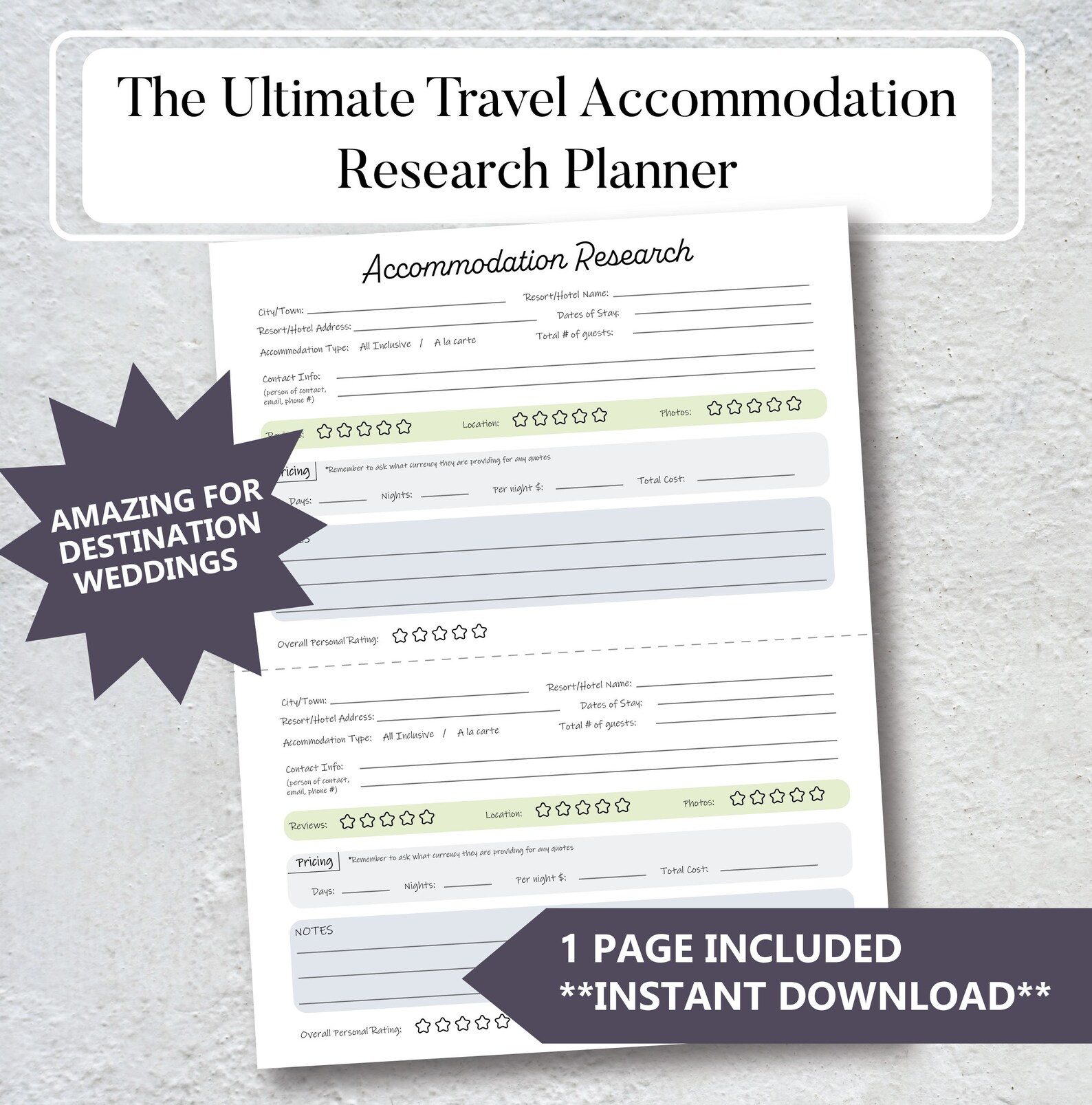 Resort Research Planner Destination Wedding Hotel Planner Printable ...