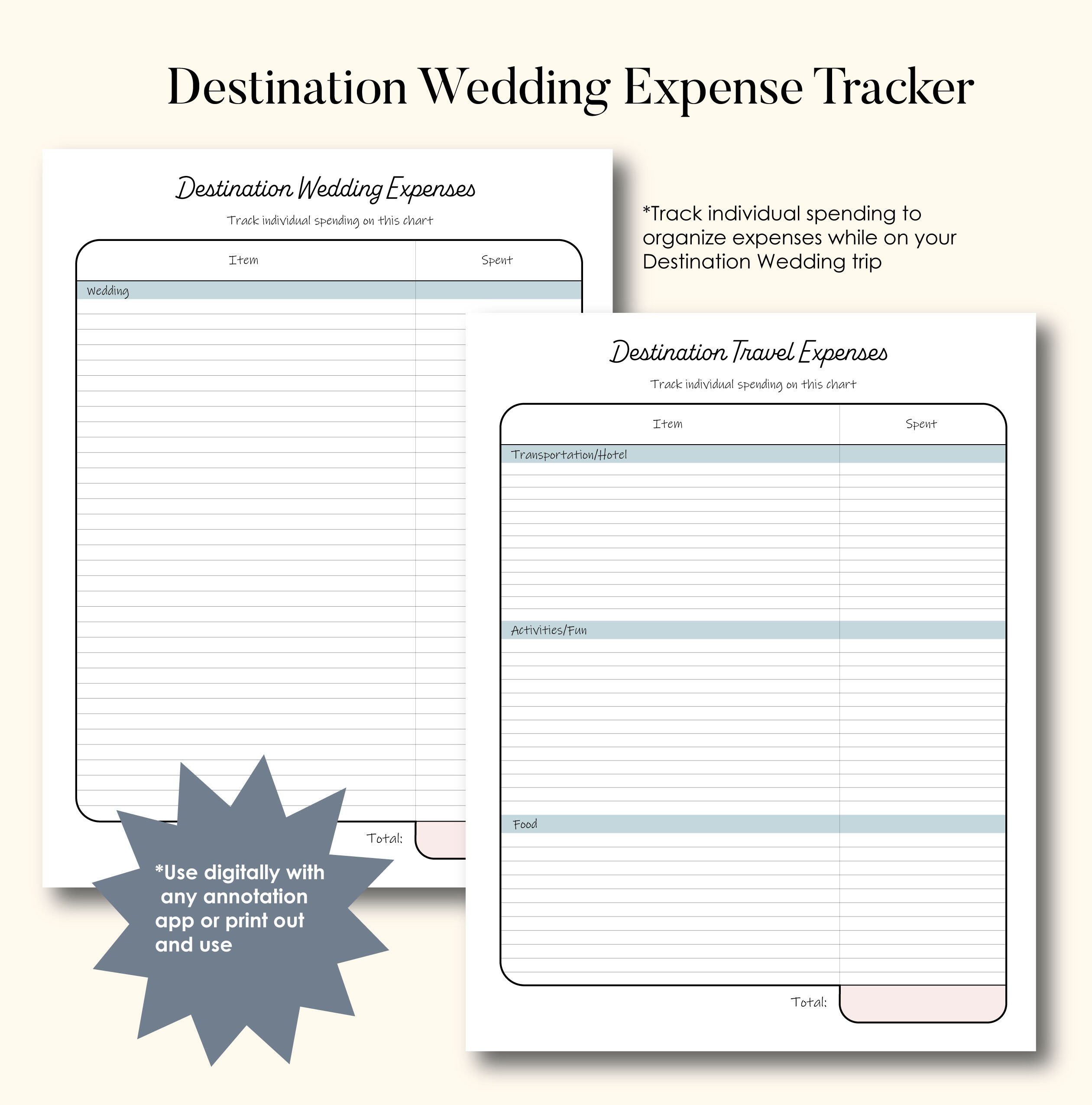 Destination Wedding Expense Tracker Printable Destination Wedding ...