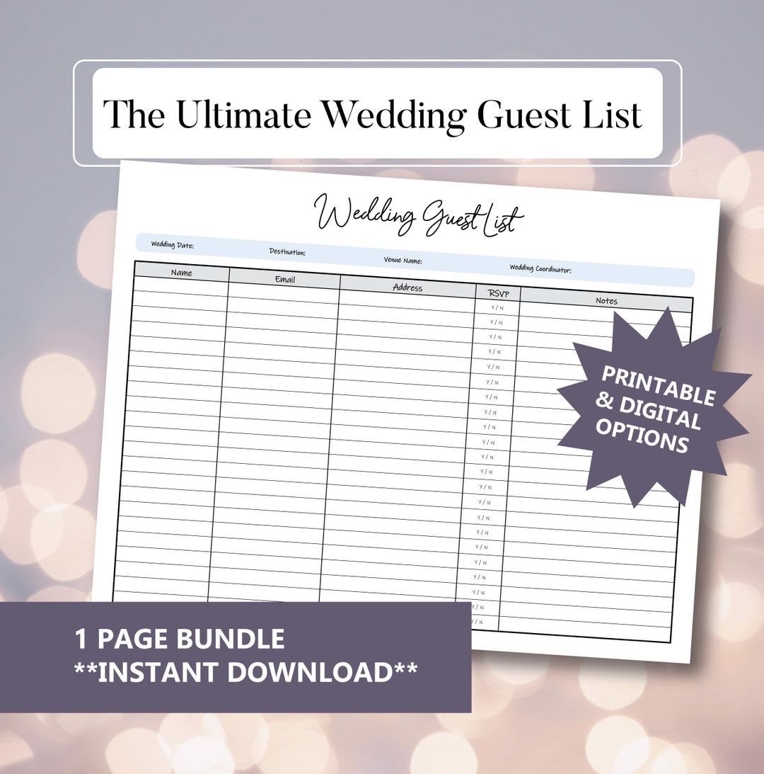 Wedding Guest List Tracker Printable Wedding Guest List Planner Digital ...