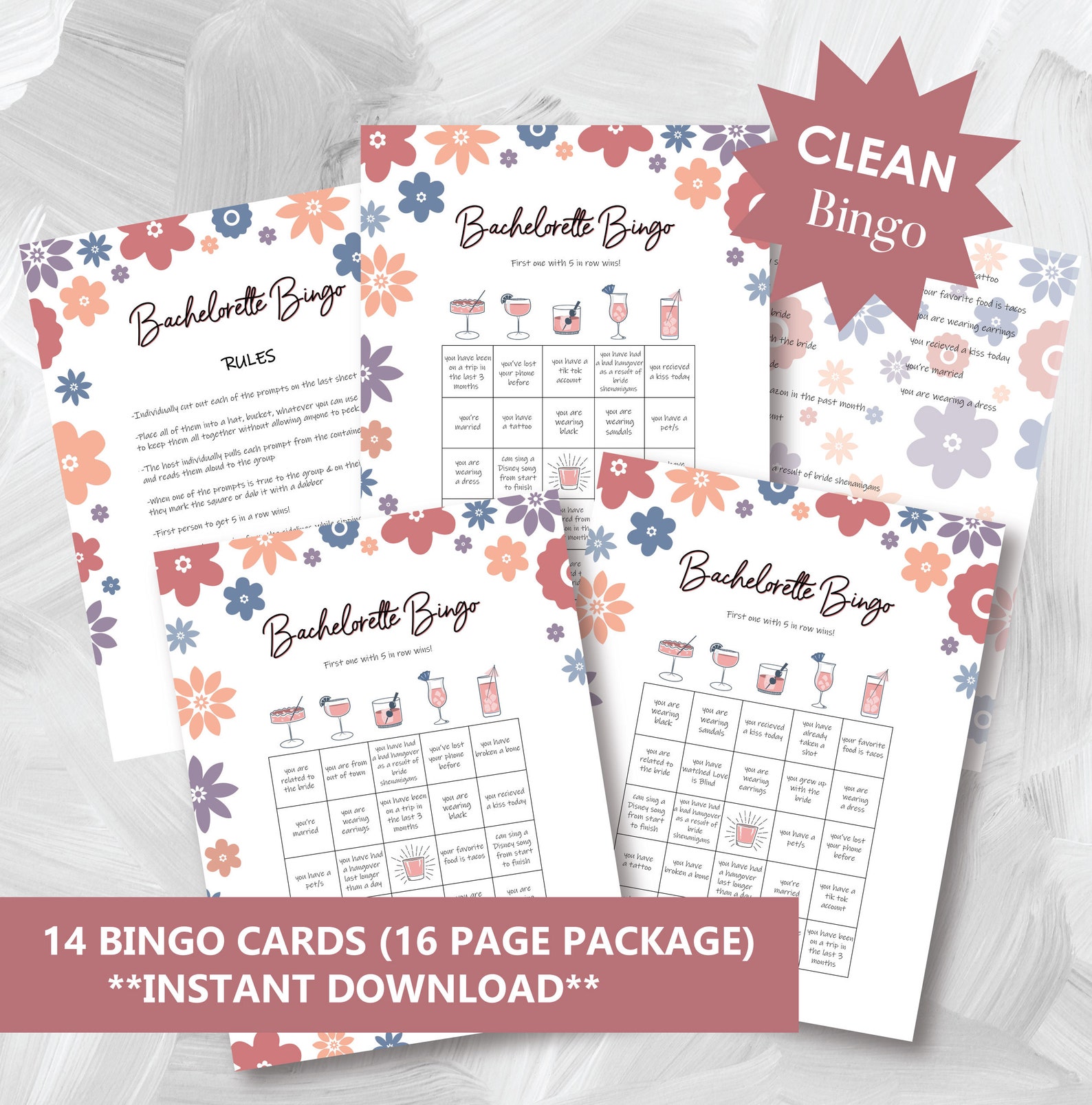 Hen Party Bingo Clean Bridal Shower Bingo Floral Bachelorette Party ...