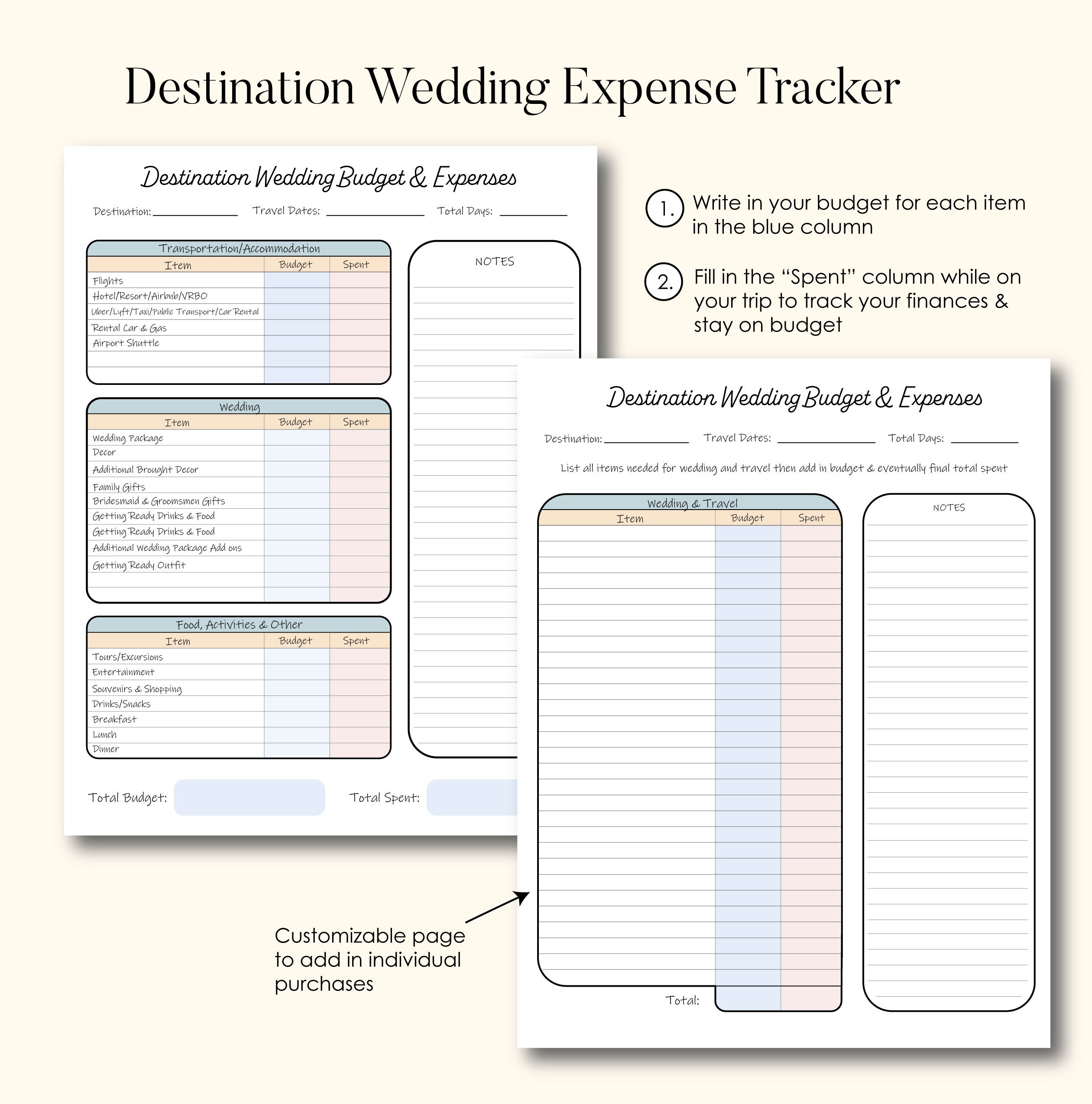 Destination Wedding Expense Tracker Printable Destination Wedding ...