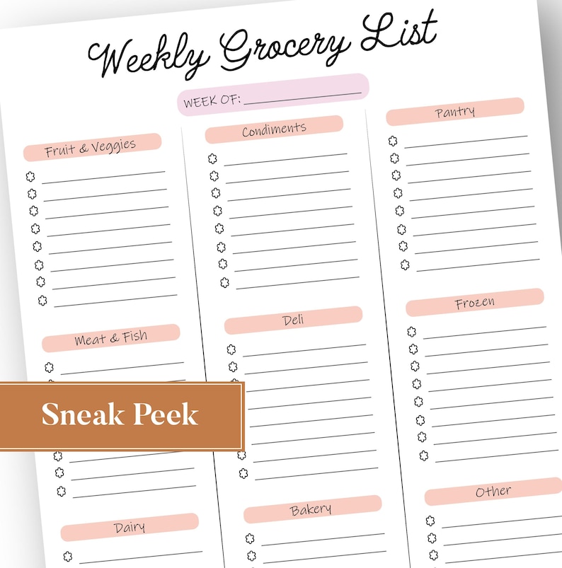 Grocery List Printable for Family Weekly Shopping List Template Weekly ...