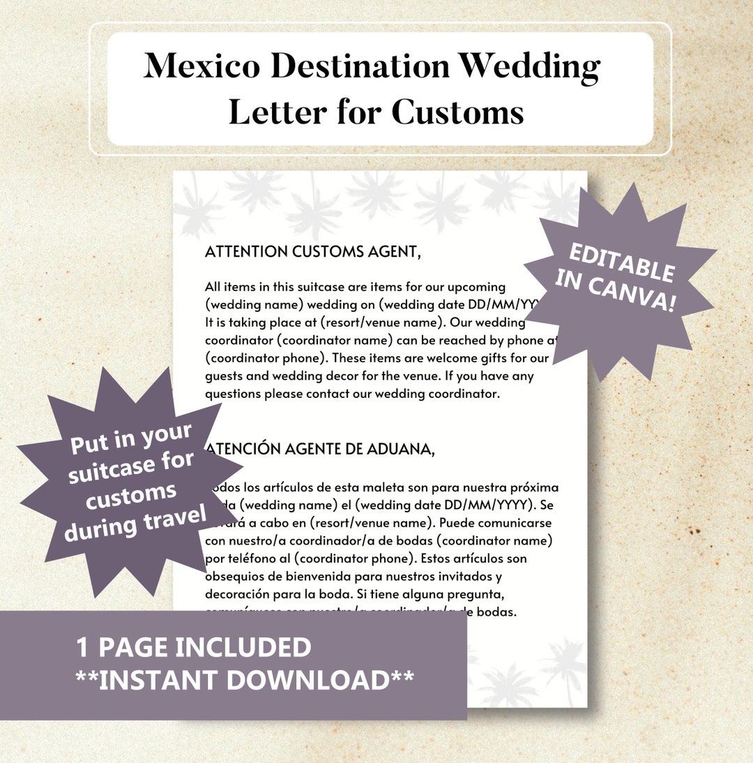 Destination Wedding Customs Letter for Suitcase Editable Letter for ...