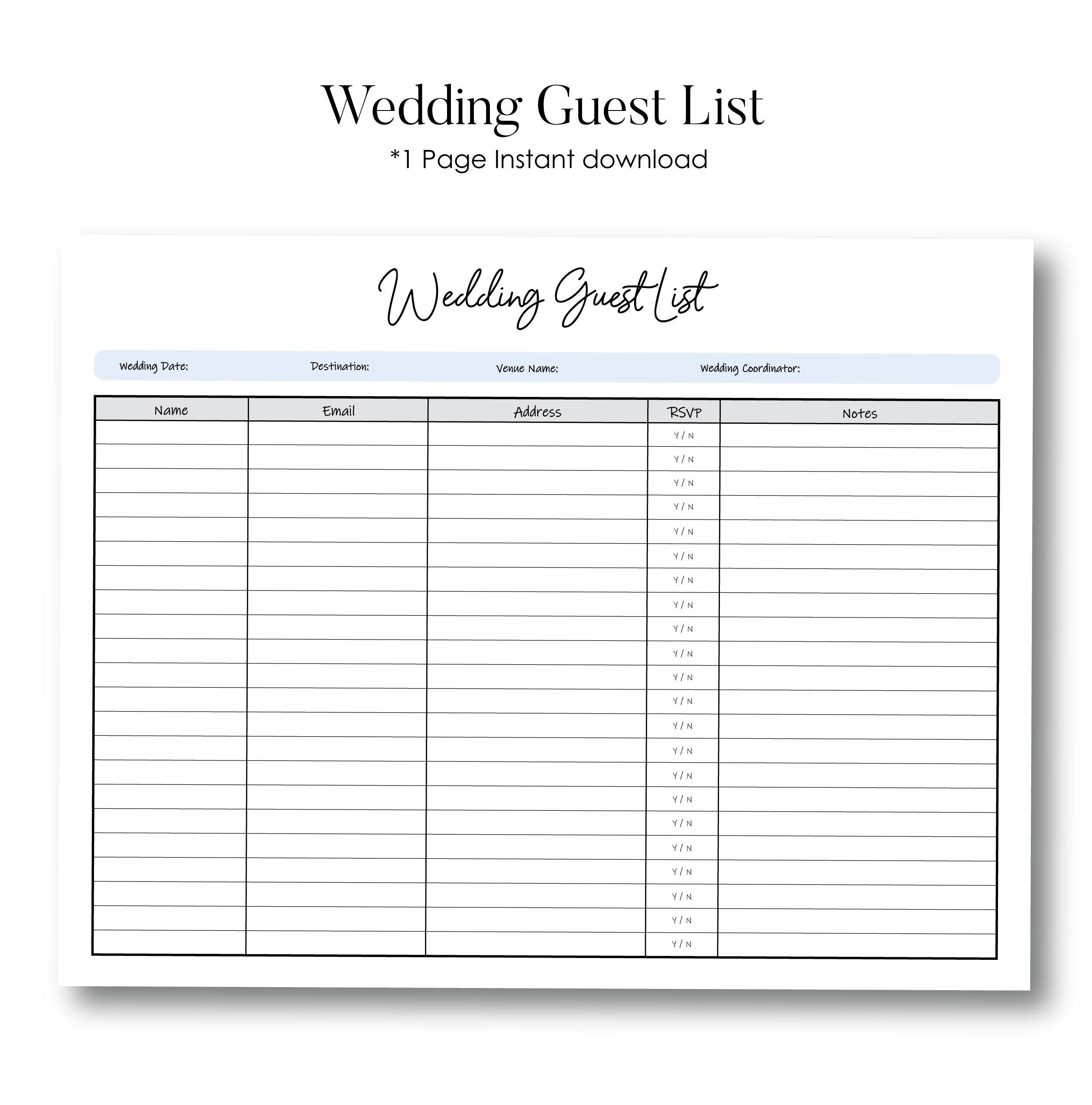 Wedding Guest List Tracker Printable Guest Planner Template Editable ...