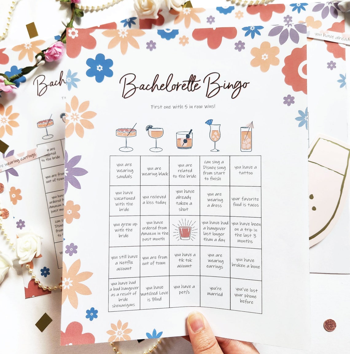 Hen Party Bingo Clean Bridal Shower Bingo Floral Bachelorette Party ...