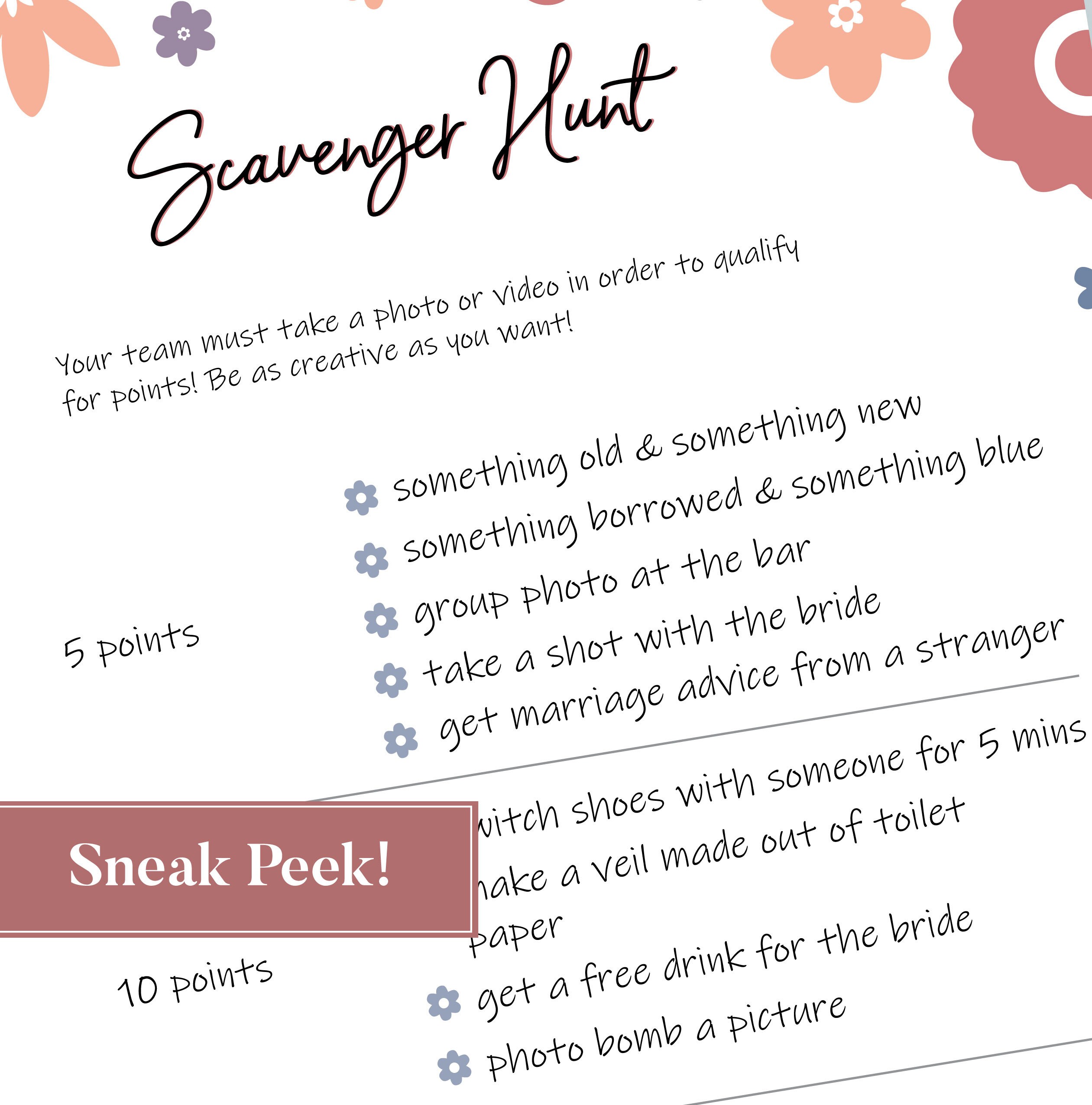 Hen Party Scavenger Hunt Clean Floral Bachelorette Party Game Bridal ...