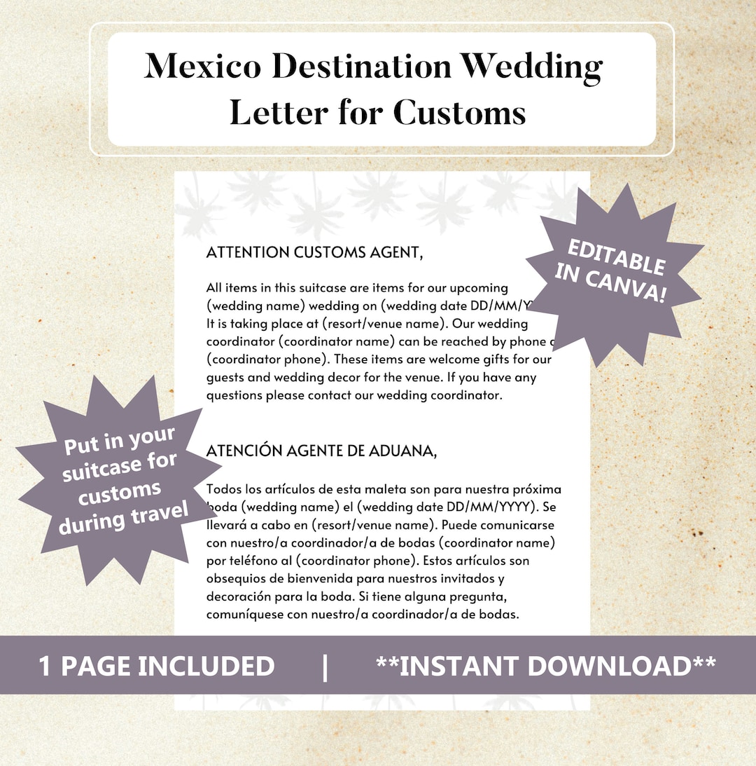 Destination Wedding Customs Letter for Suitcase Editable Letter for ...