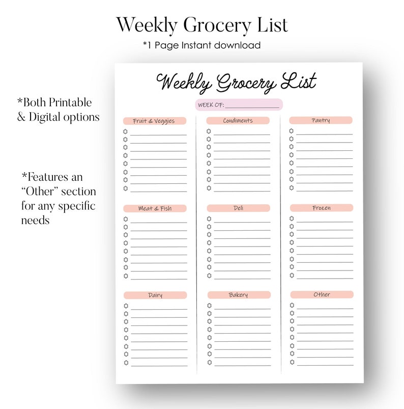 Grocery List Printable for Family Weekly Shopping List Template Weekly ...
