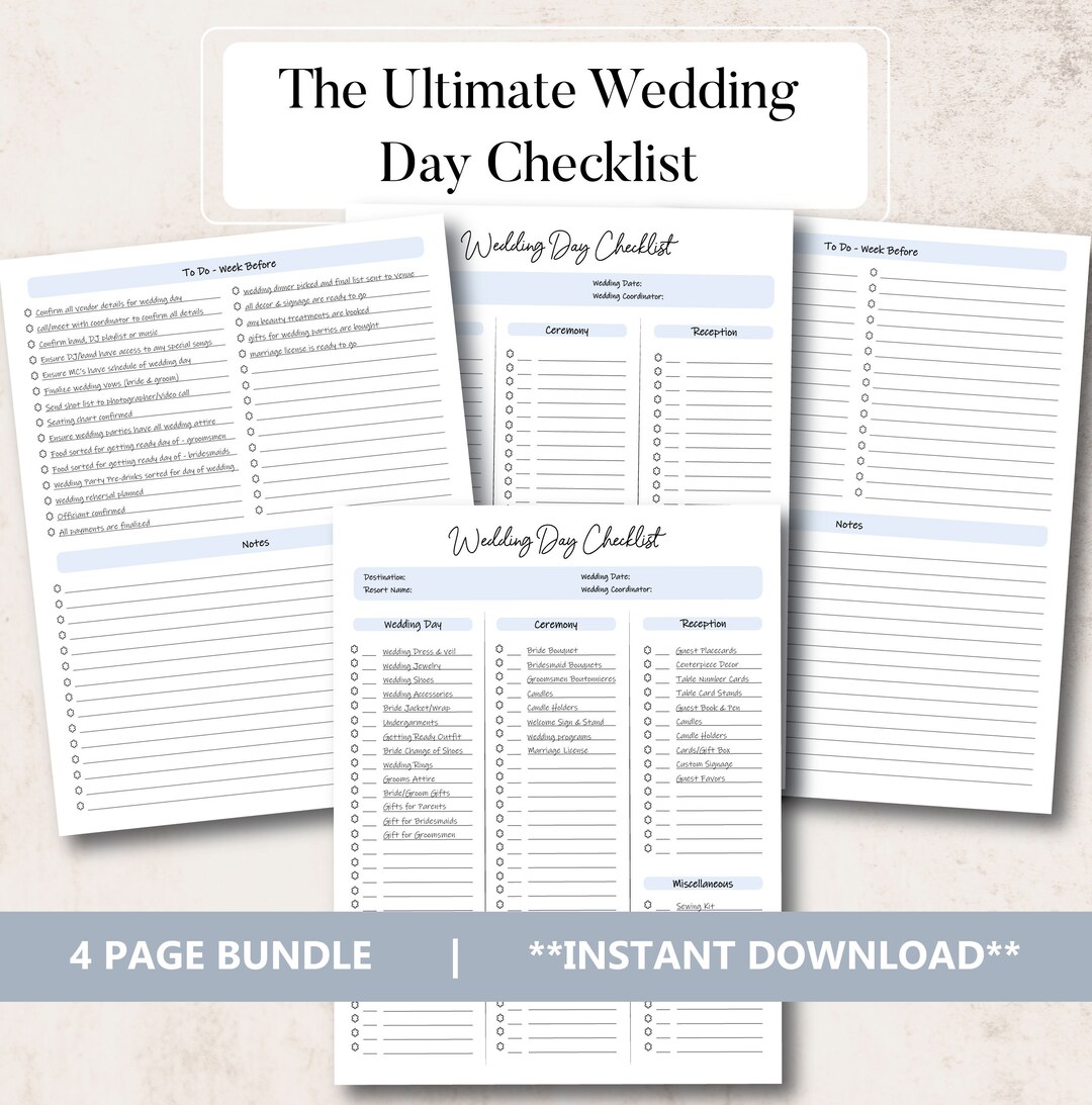 Wedding Day Checklist Template Printable Wedding Day Packing List ...
