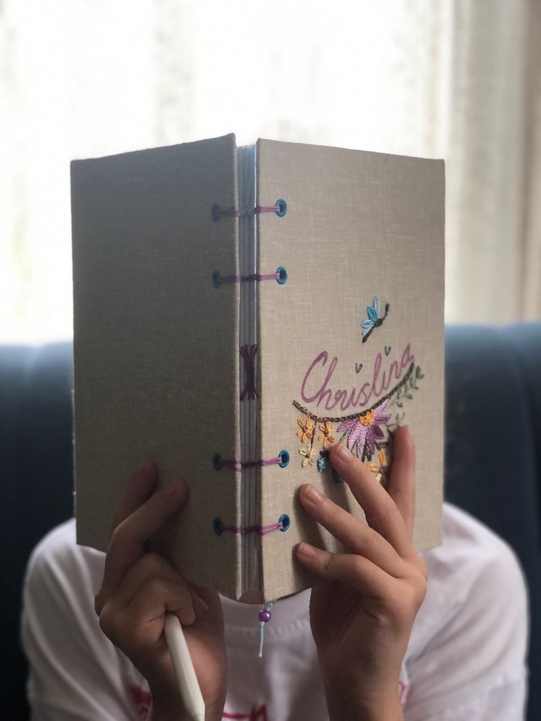 Custom Handmade Embroidered Notebook, Coptic Stitched Fabric Notebook ...