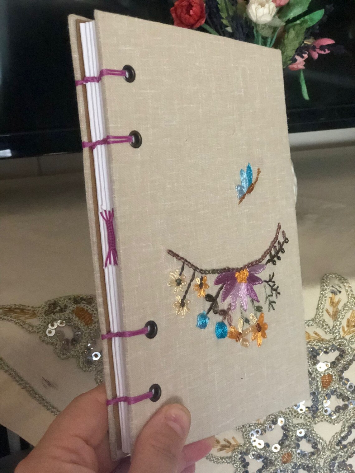 Custom Handmade Embroidered Notebook, Coptic Stitched Fabric Notebook ...