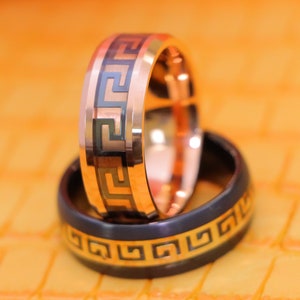 Greek Key Inlay Engraved Tungsten Ring, 8MM Rose Gold IP High Polish ...