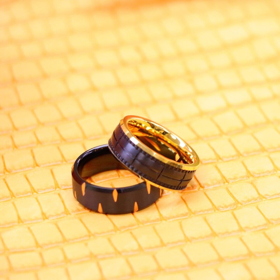 Wedge Cut Anniversary Ring, Gold Wedding Band With Black Design, Mens ...
