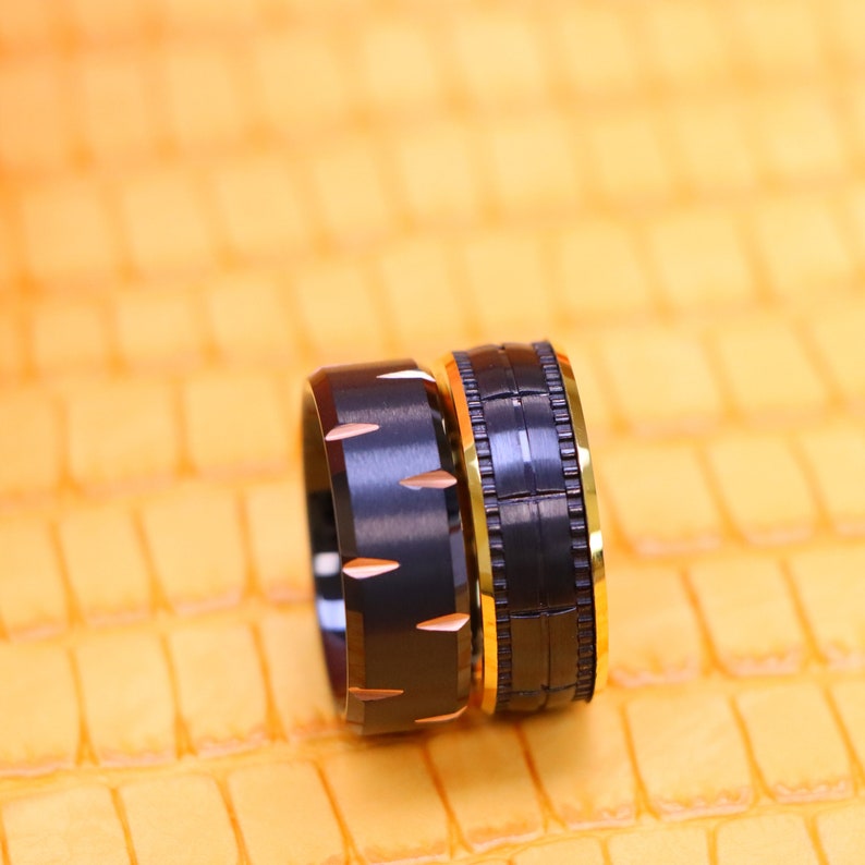 Wedge Cut Anniversary Ring, Gold Wedding Band With Black Design, Mens ...