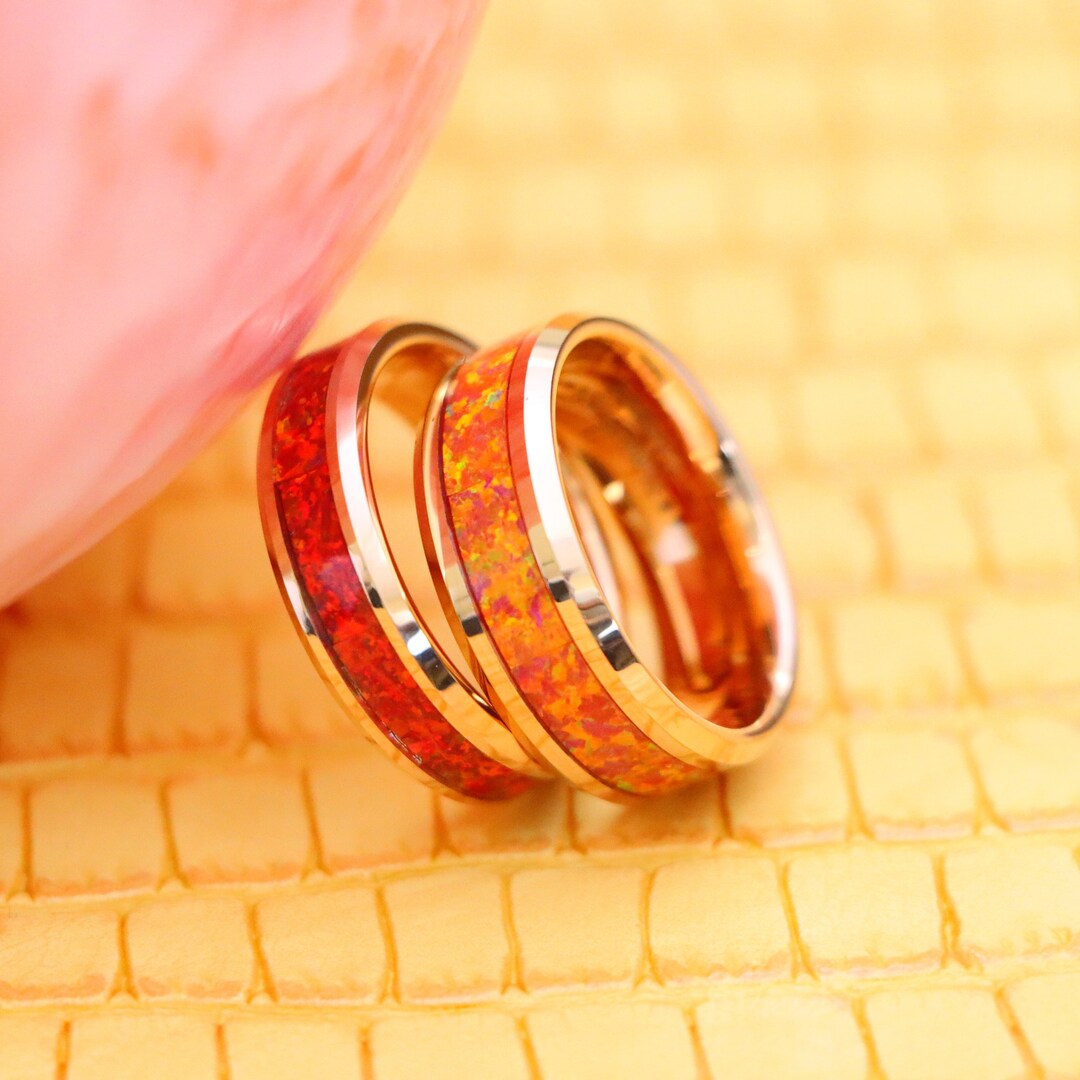 Rose Gold Tungsten Wedding Band, Red Fire Opal Ring, 6mm/8mm Opal Band ...