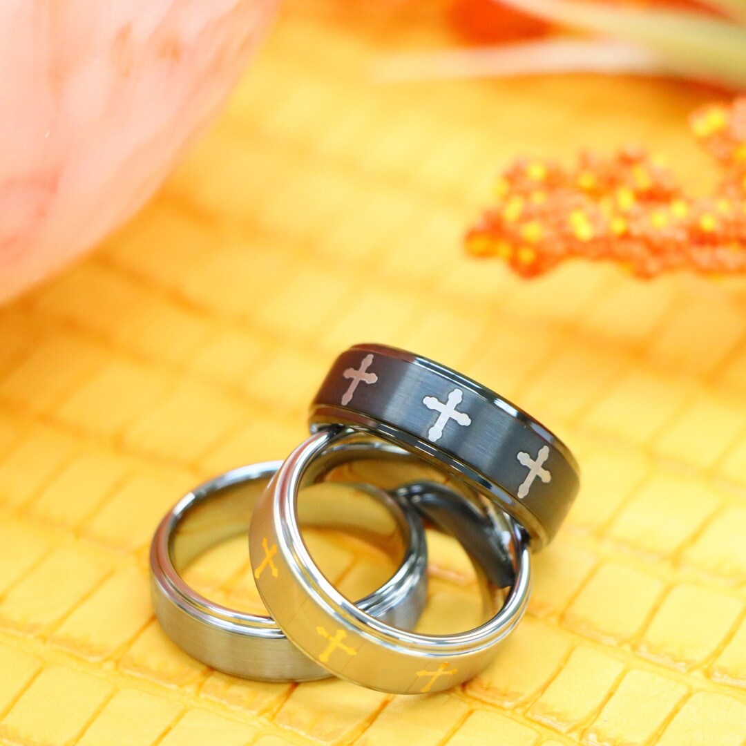 Men's Silver Cross Wedding Band, Black Tungsten Wedding Band With Cross ...