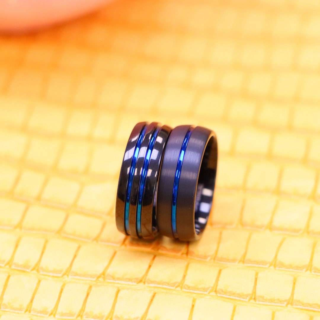 Law Enforcement Wedding Ring, Tungsten Wedding Ring Black Blue Grooved ...