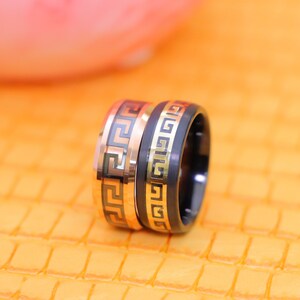Greek Key Inlay Engraved Tungsten Ring, 8MM Rose Gold IP High Polish ...