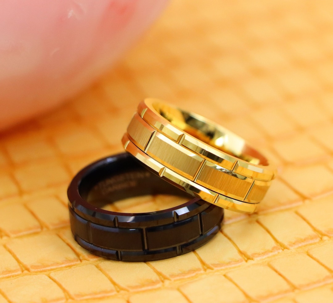 Black Tungsten Engagement Ring Gold Brick Pattern Brushed Mens Wedding ...