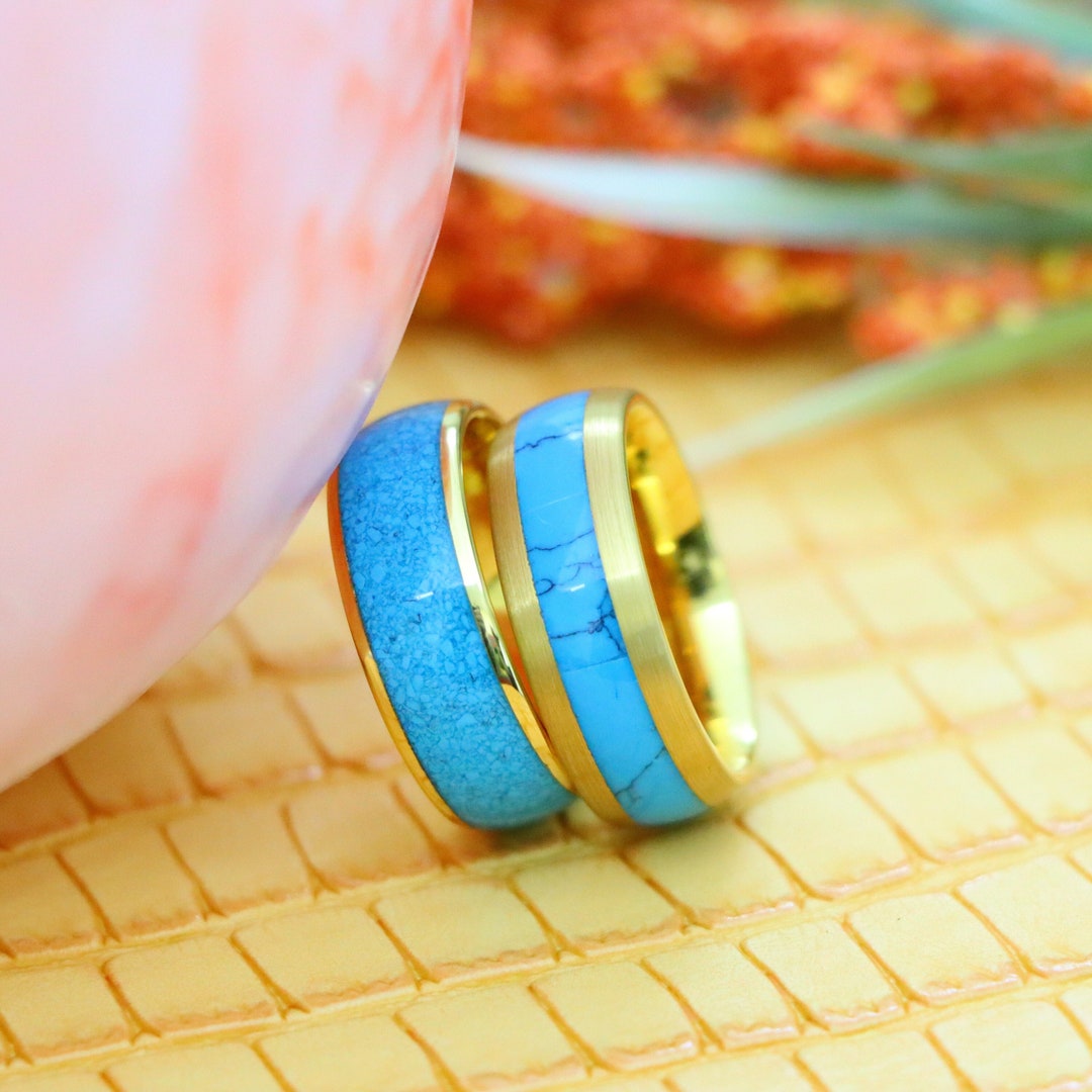 Dome Tungsten Carbide Promise Ring for Him, Blue Turquoise Inlay 8mm ...