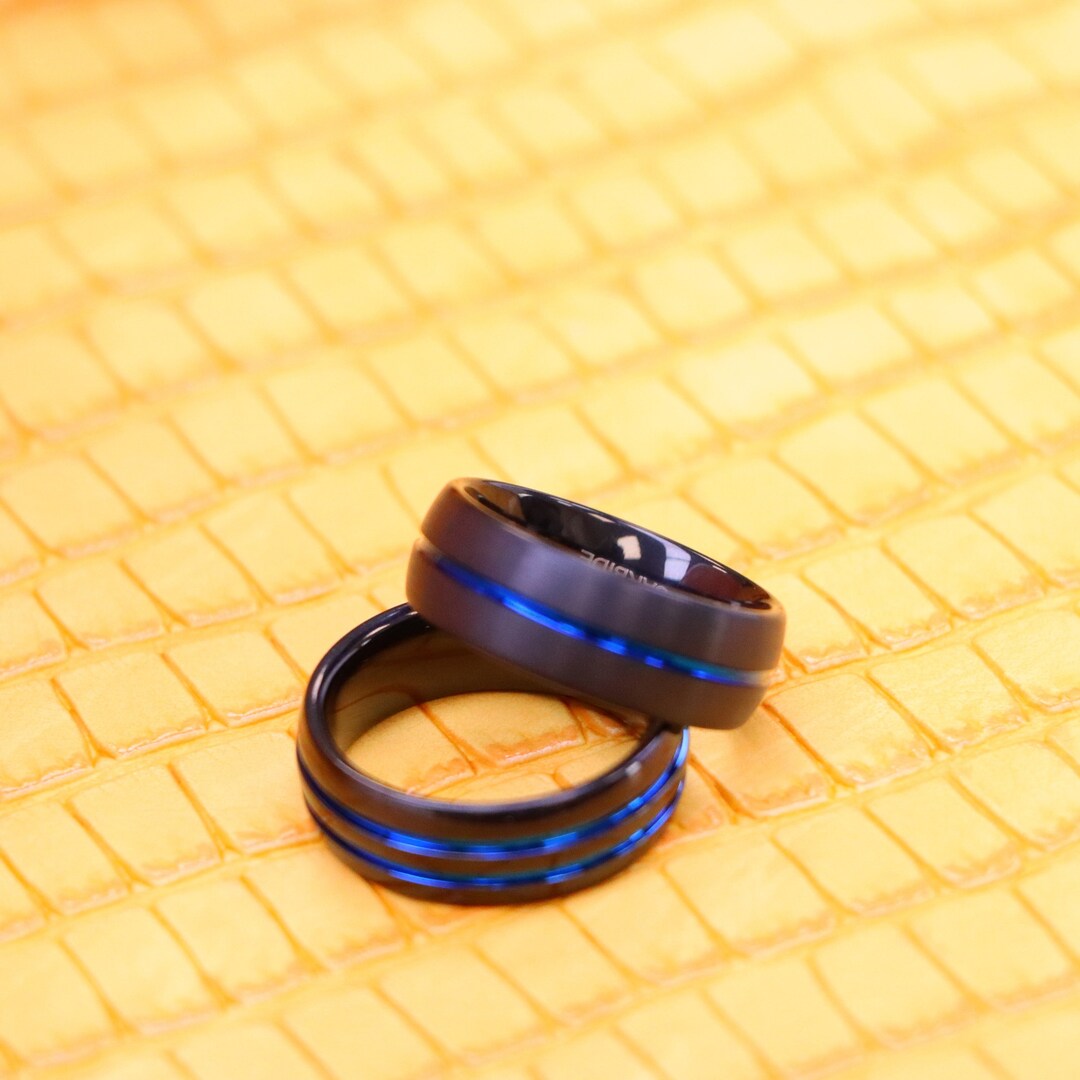Blue Tungsten Ring, Unisex Wedding Band, Thin Blue Line Ring, Law ...