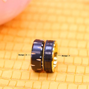 Wedge Cut Anniversary Ring, Gold Wedding Band With Black Design, Mens ...