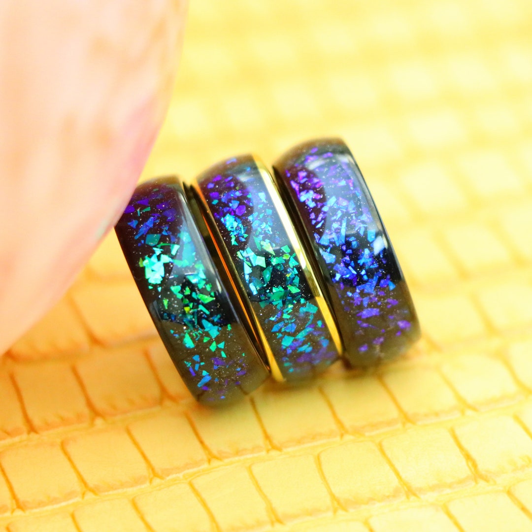 Green Blue Opal Abalone Fragment Inlay Ring Dome Black Tungsten Wedding ...