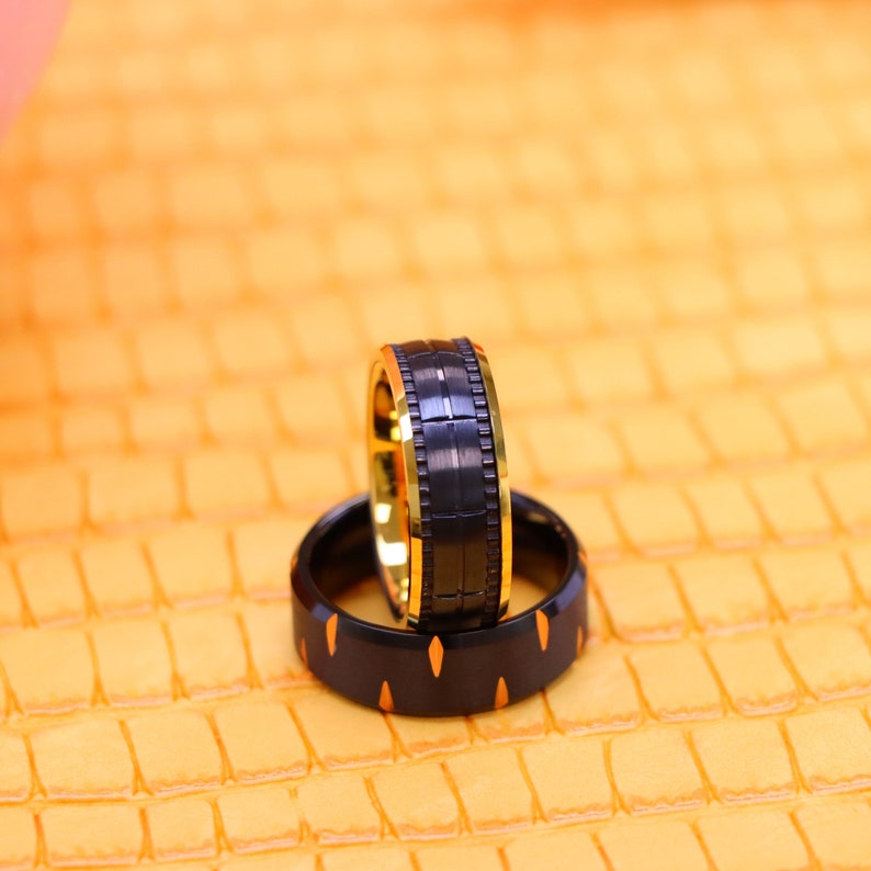 Wedge Cut Anniversary Ring, Gold Wedding Band With Black Design, Mens ...