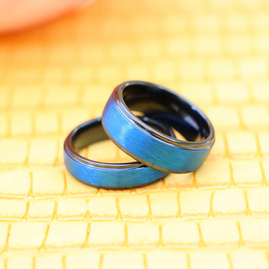 Men's Black and Blue Wedding Ring, Bridal and Groom Ring, Wire Brushed Wedding Ring, Polished ...