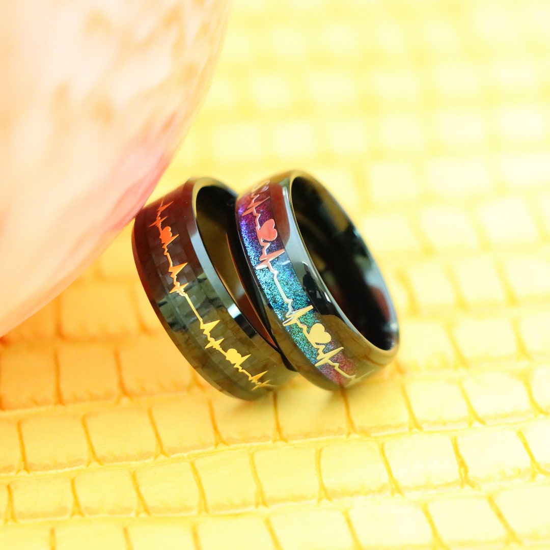 Heartbeat Ring, Multi Color Gradient W/ Heartbeat Inlay Wedding Band ...