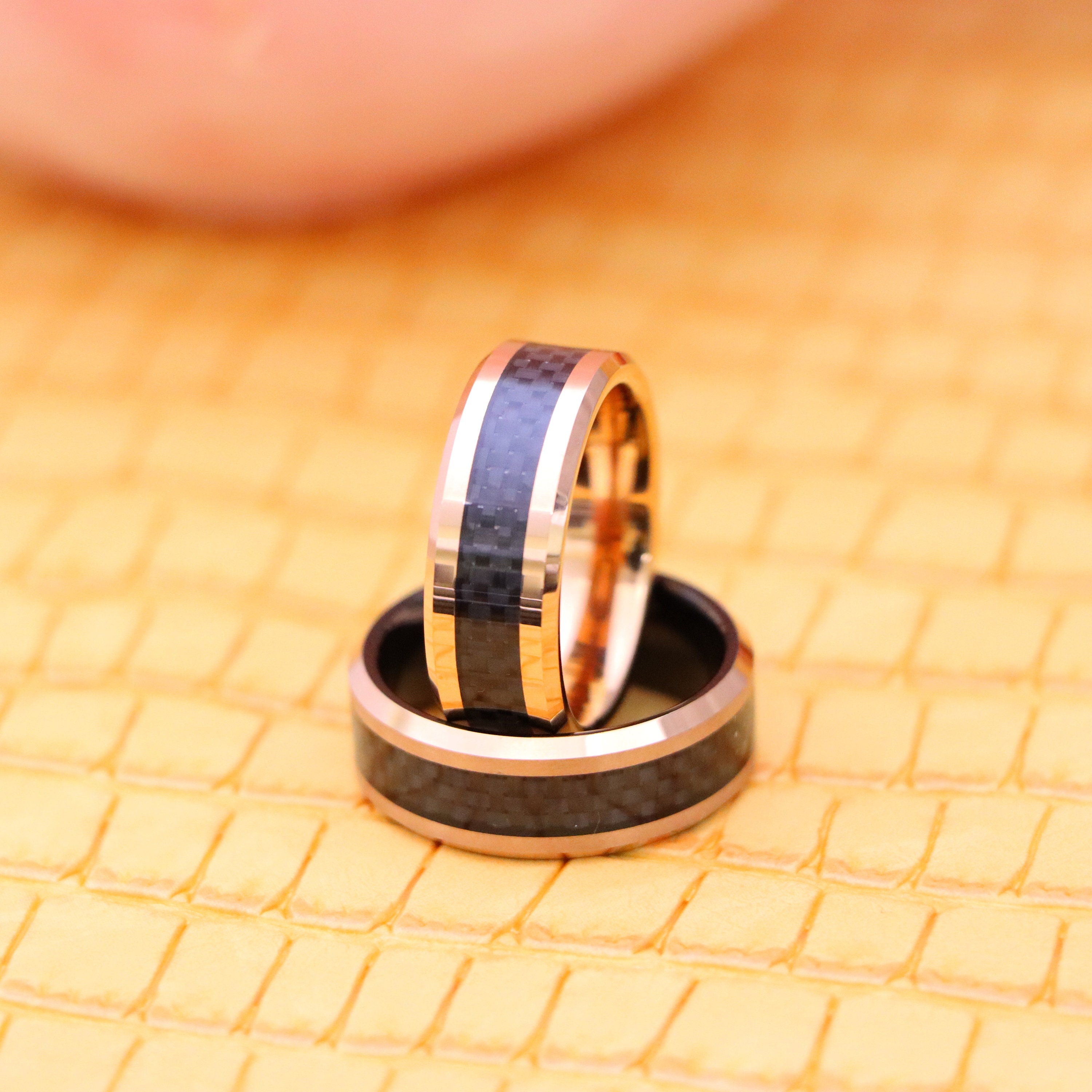 Men's Black Carbon Fiber Tungsten Ring Rose Gold Edges Wedding Band ...