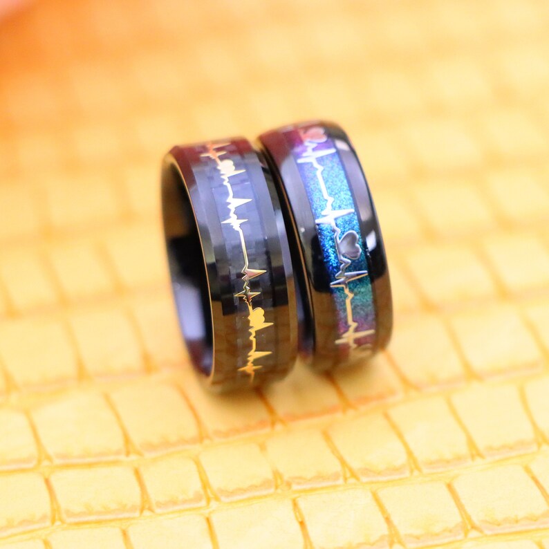 Unique Rainbow Gradient Color EKG Lifeline Design Ring, Black With Gold ...