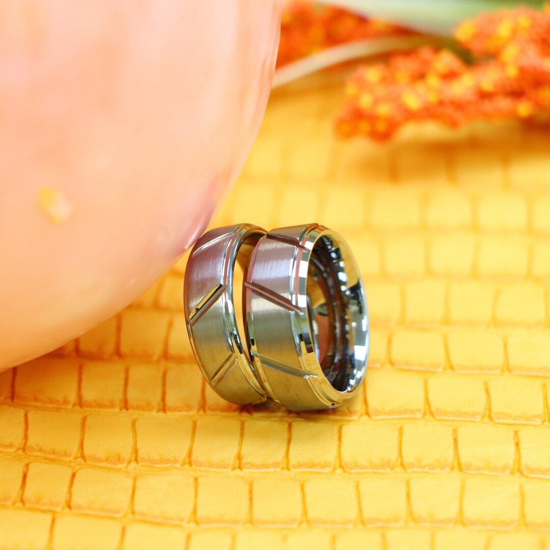 Men's Ring, Tungsten Ring, Brushed Center Diagonal Grooved Center ...