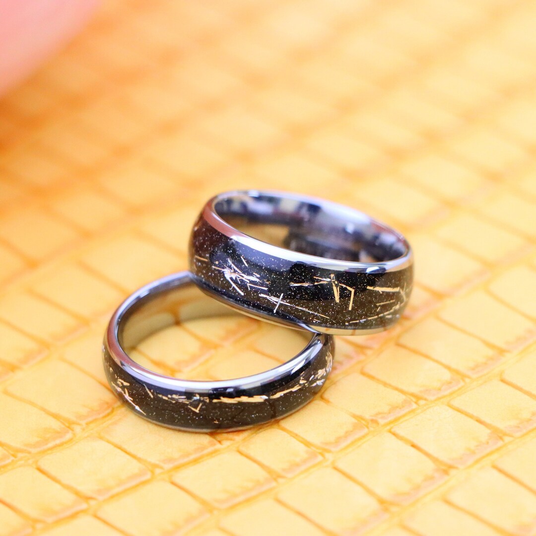 Dome Black Wedding Ring, Meteorite Inlay Ring, Silver Color Meteorite ...