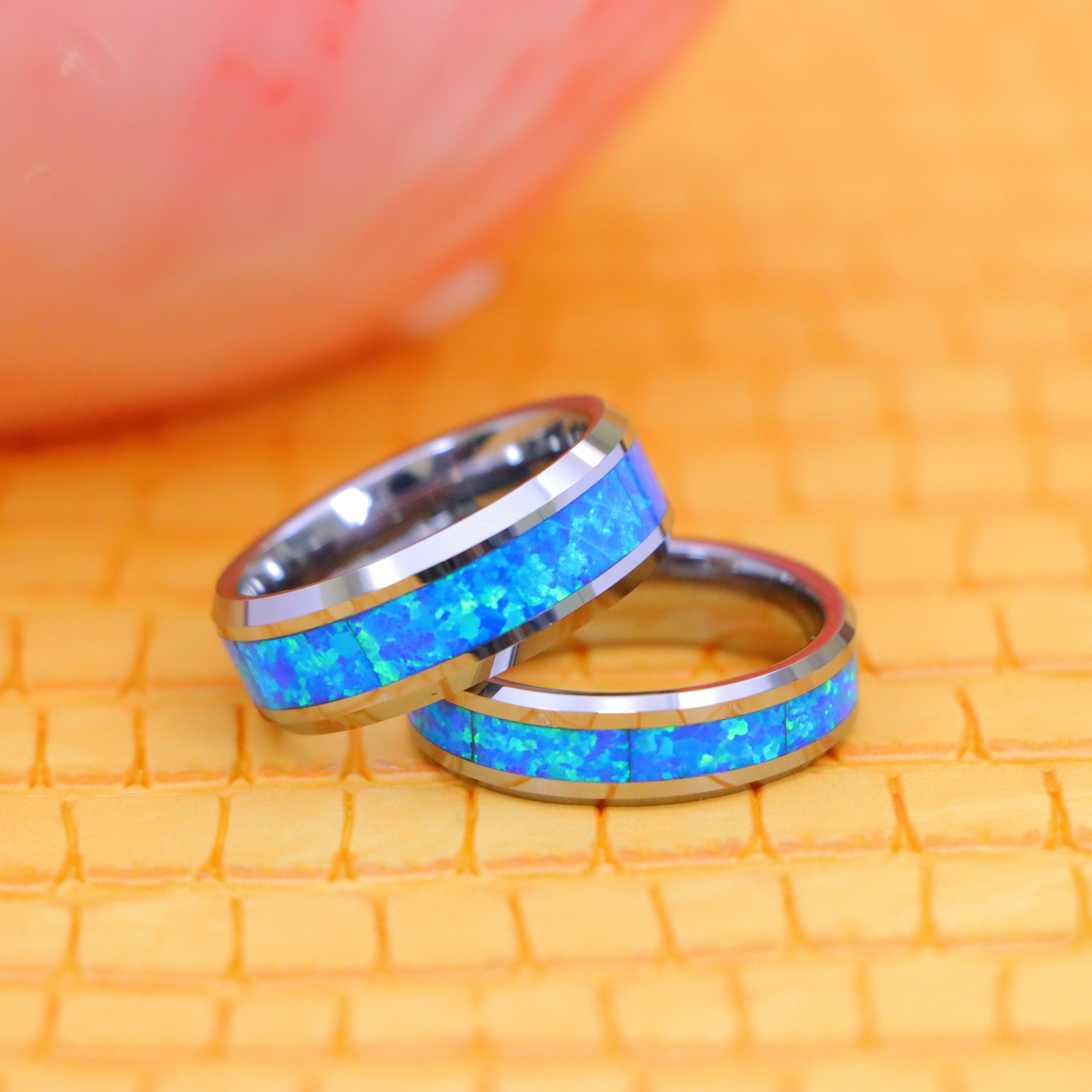 Laser Engraving Wedding Ring, Blue Opal Tungsten Ring, Wedding Ring ...