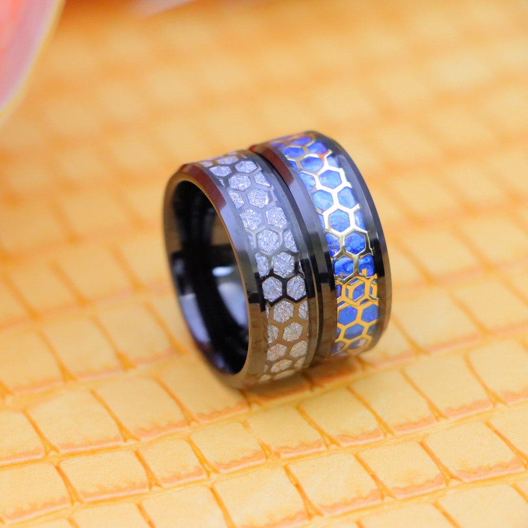 8mm Metallic Meteorite With Honeycomb Hexagon Pattern Inlay High Polish ...
